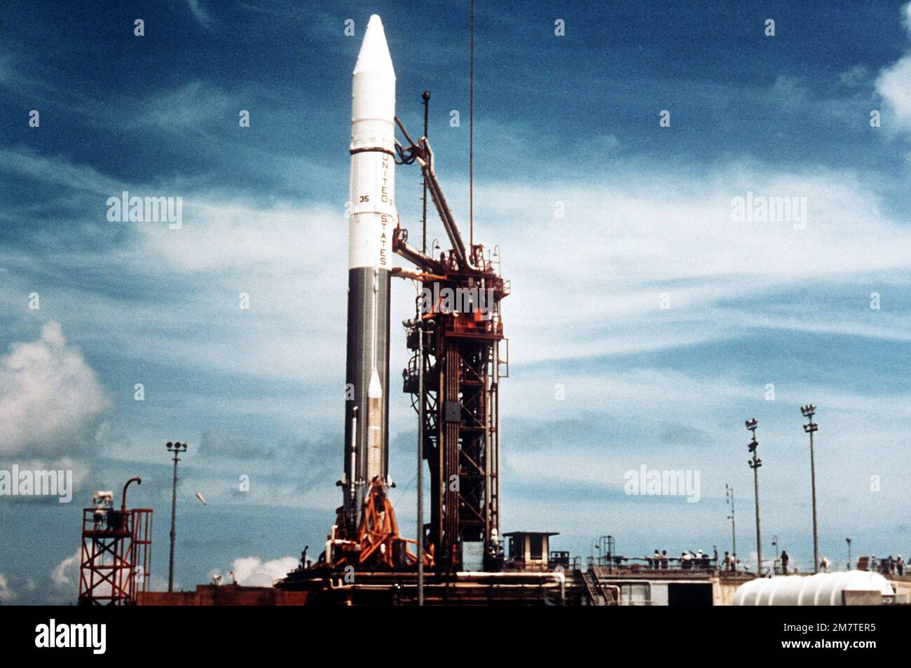 A view of an Atlas-Centaur missile before launch. Base: Cape Canaveral ...