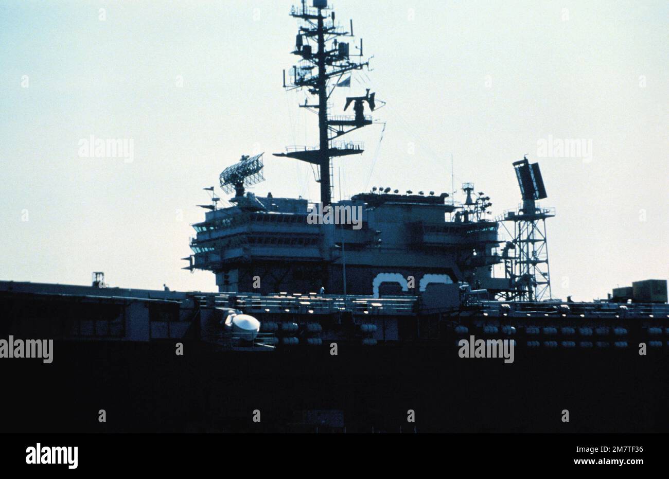 A view of the aircraft carrier USS KITTY HAWK (CV-63) superstructure ...