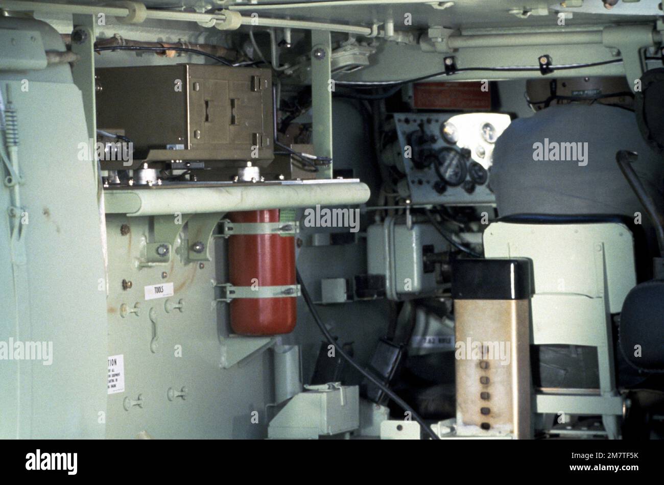 Interior view of an Army armored vehicle equipped with part of the ...