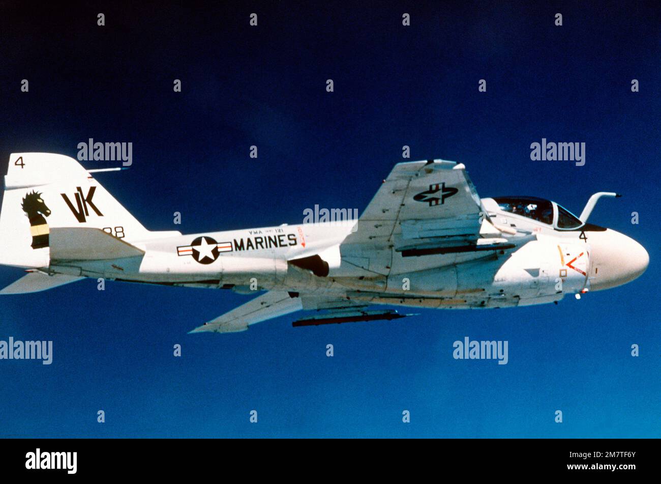 A right side view of a Marine A-6 Intruder aircraft, equipped with part ...