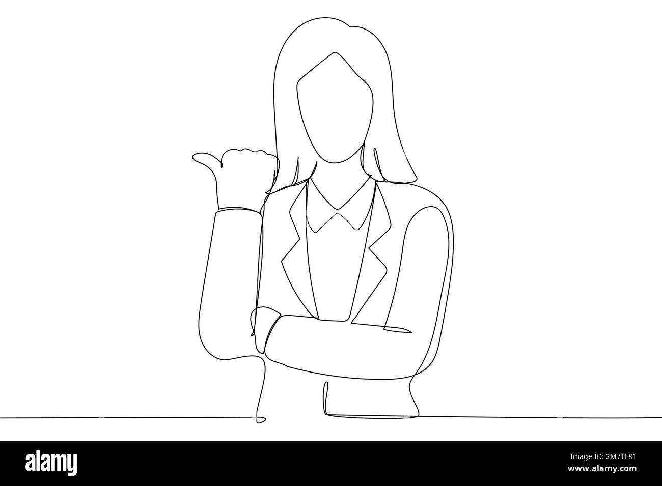 Drawing of Excited businesswoman presenting copy space. Single line art ...
