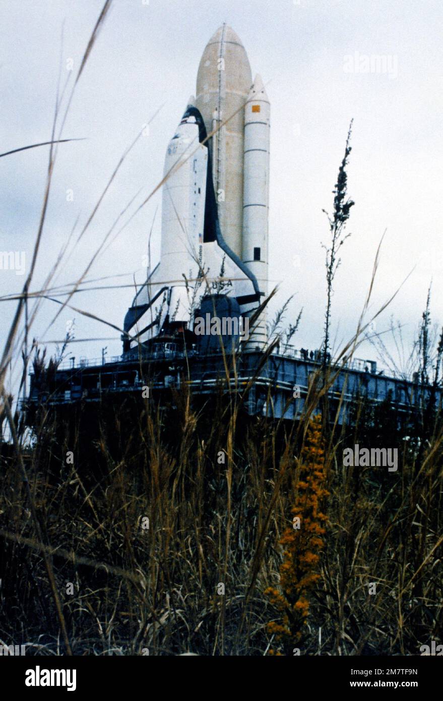 A view of the rocket booster-mounted Columbia space shuttle orbiter ...