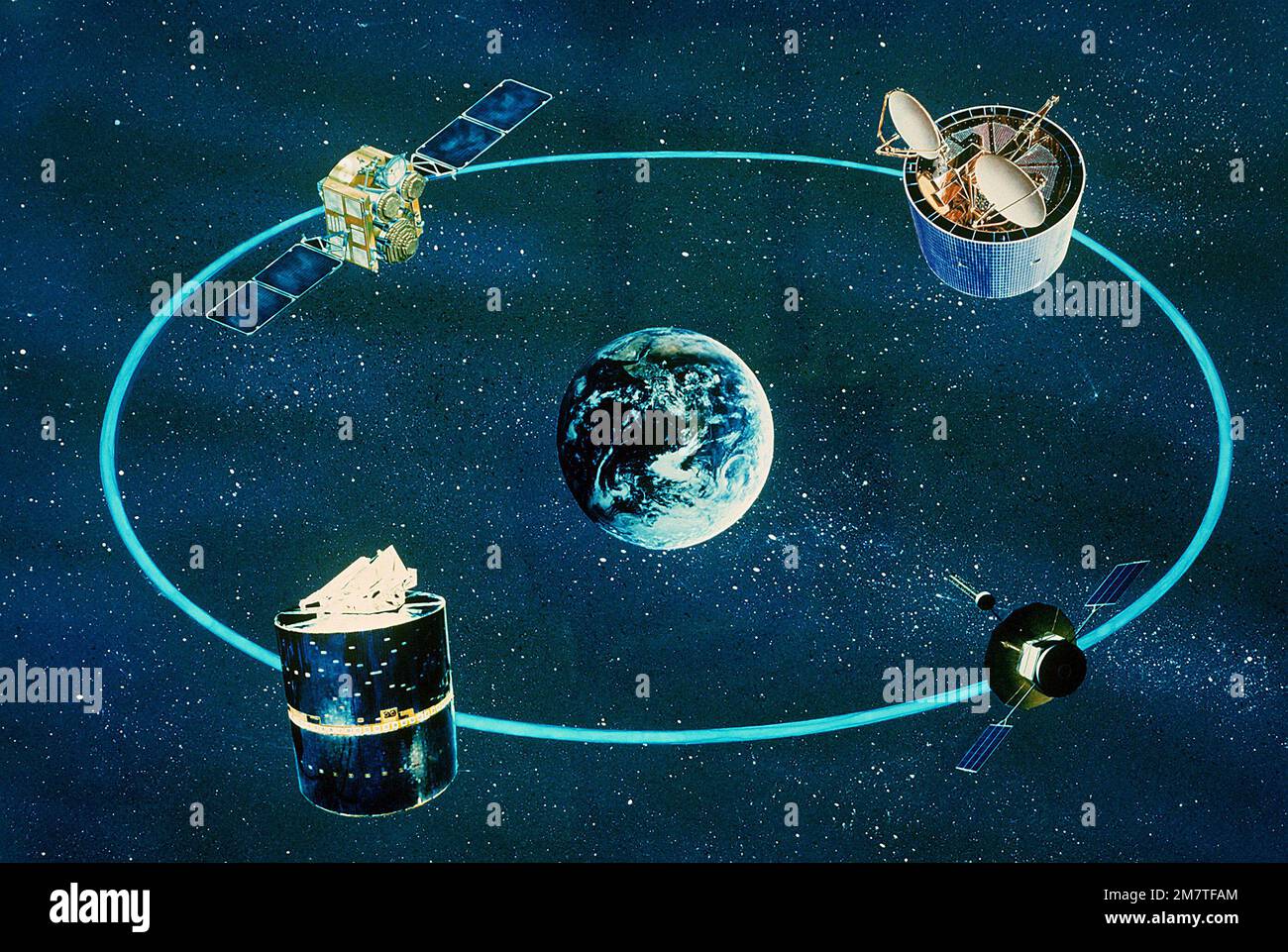An artist's concept of various communications satellites in orbit ...