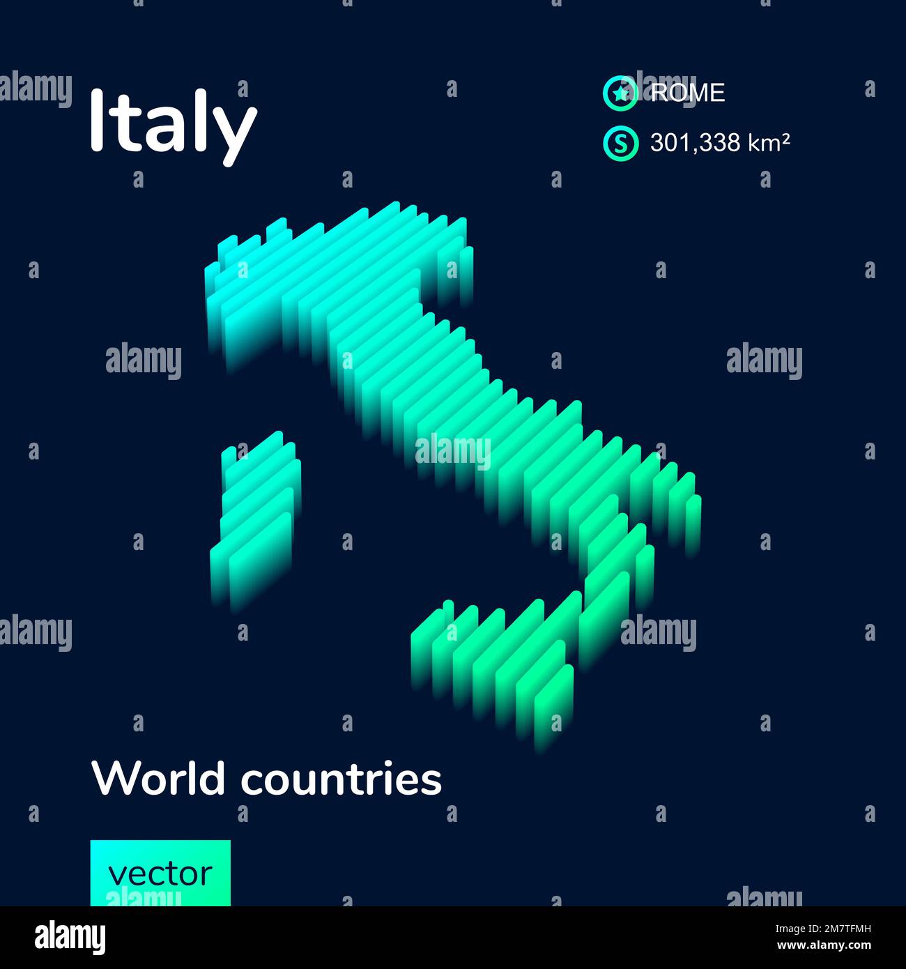 3D vector neon isometric Italy map in turquoise colors on a dark blue ...