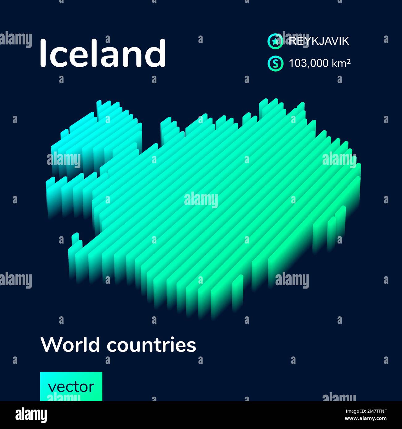 3d vector isometric Iceland map in neon turquoise colors on a dark blue ...