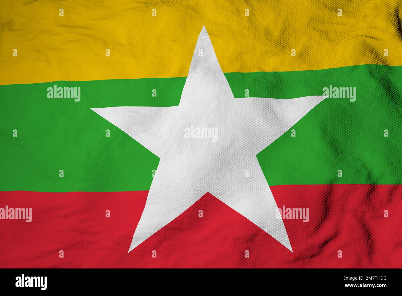 Full frame close-up on a waving flag of Myanmar in 3D rendering Stock ...