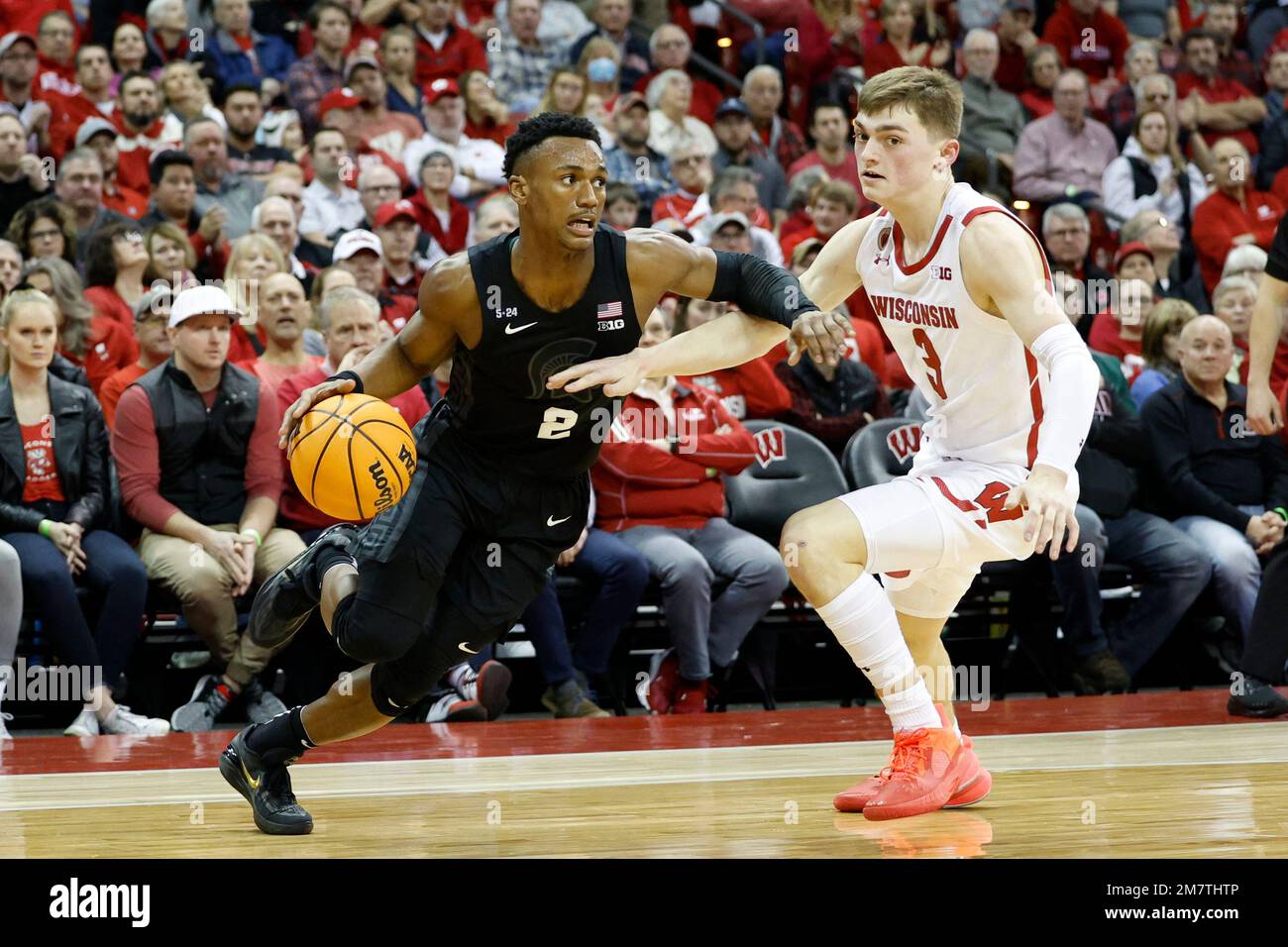 January10, 2023: Michigan State Spartans guard Tyson Walker (2) drives against Wisconsin Badgers ...