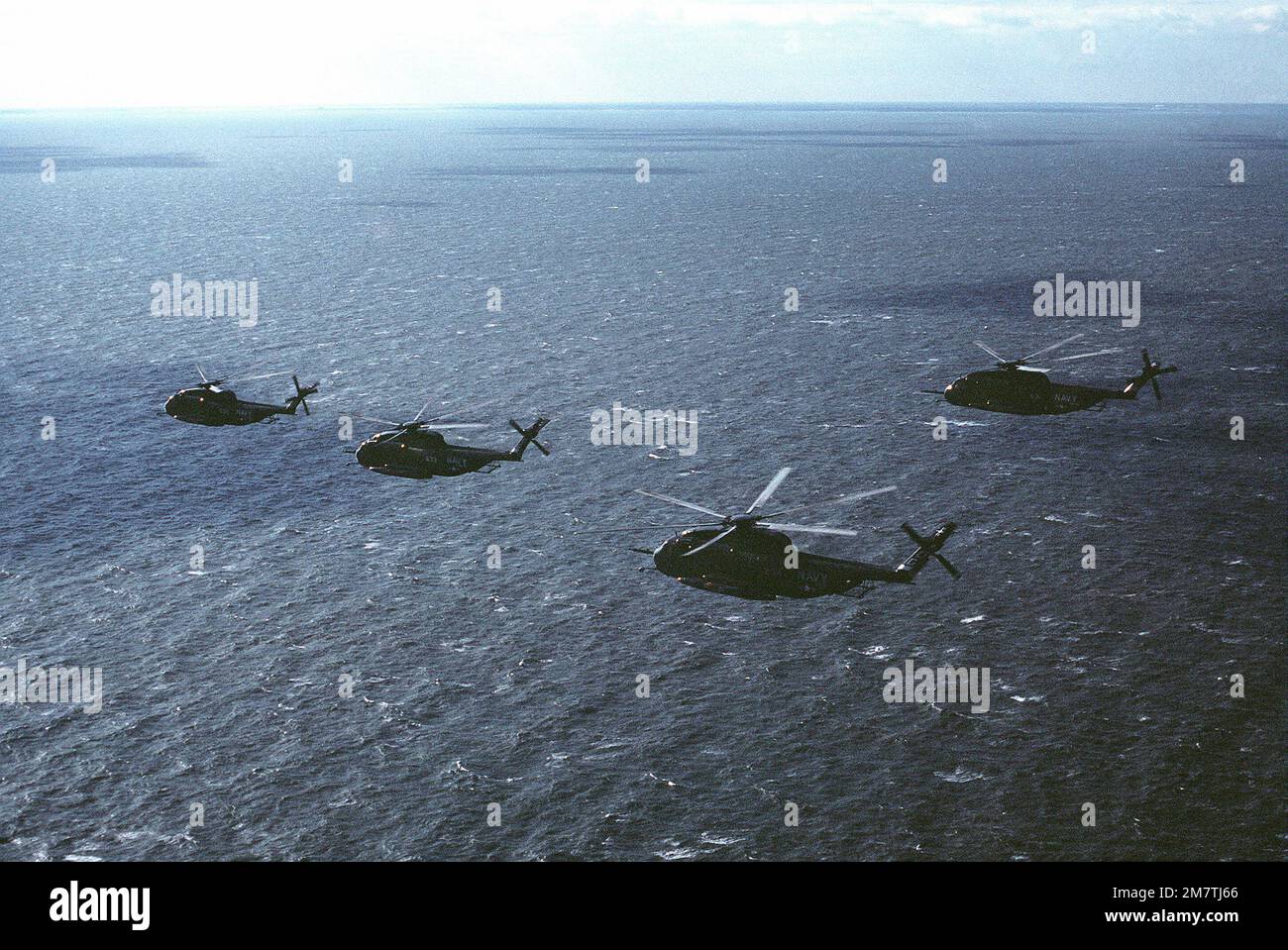Overhead left side view of four RH-53D Sea Stallion helicopters in ...