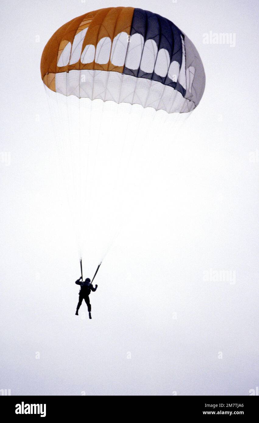 A Sarex '81 participant descends to the ground by parachute after his ...