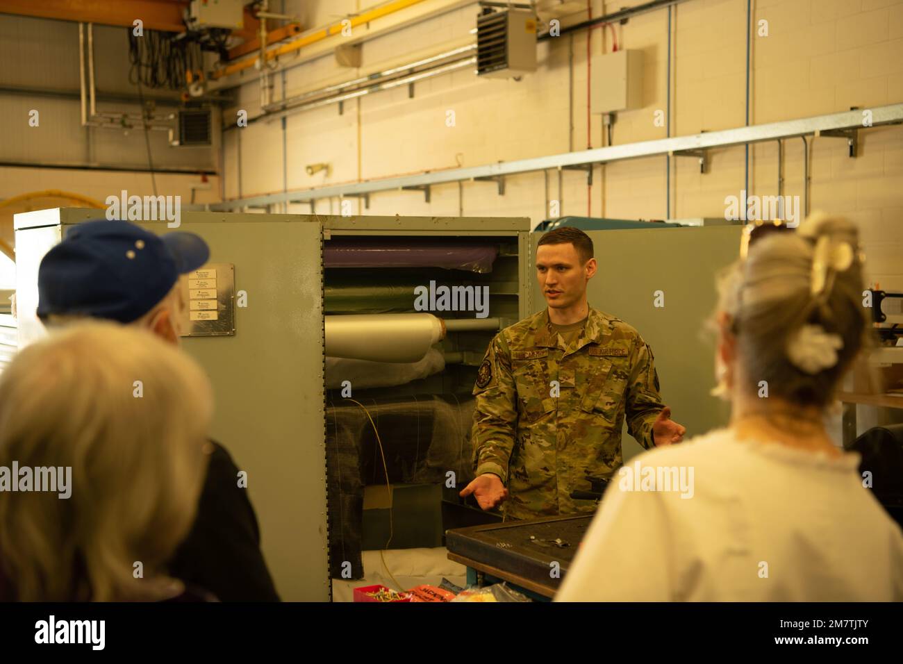 U.S. Air Force SrA. Ryan McCarthy, 100th Maintenance Squadron, explains his duties with the ...