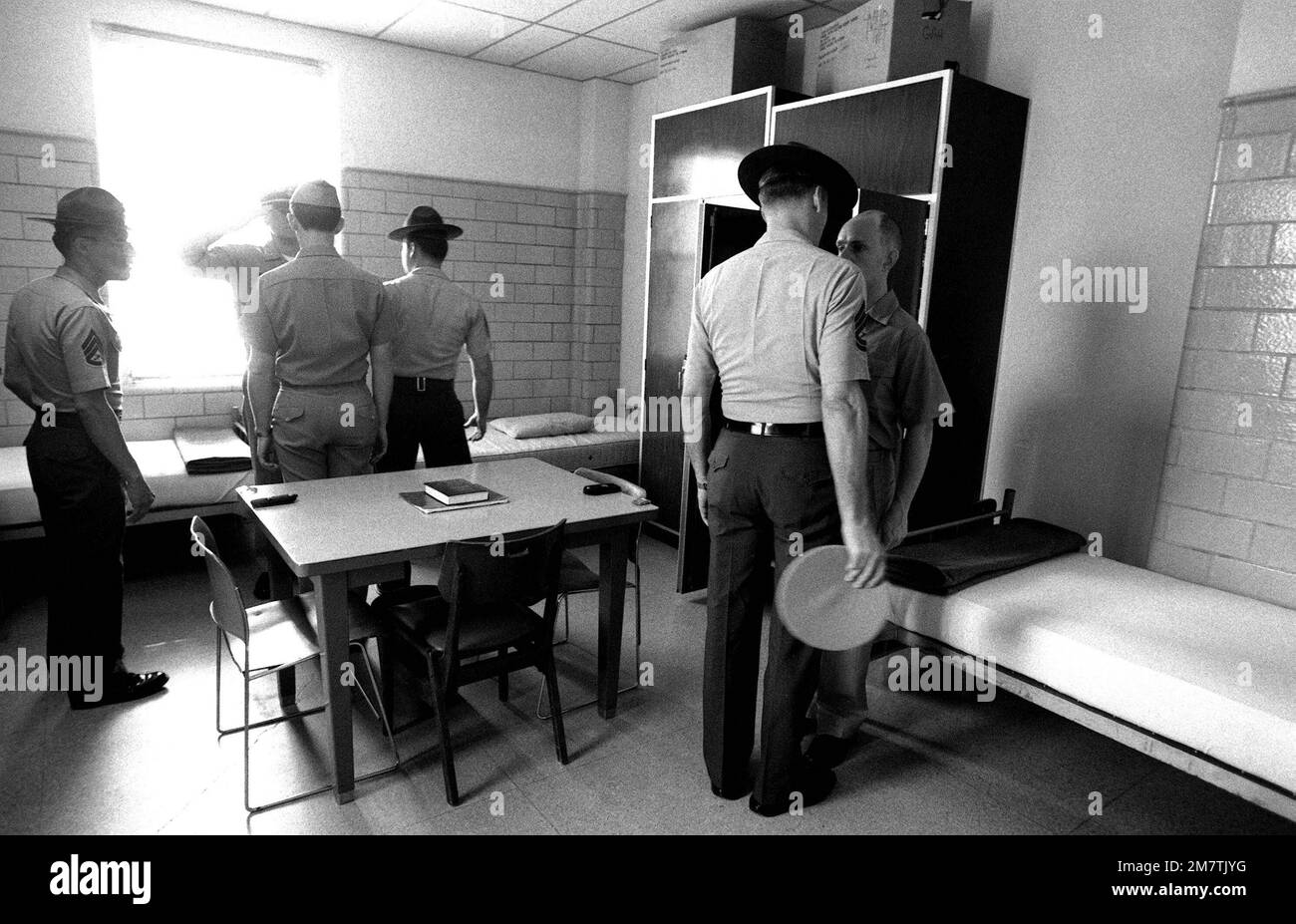 Marine drill instructors and a class officer at the Aviation Officer ...