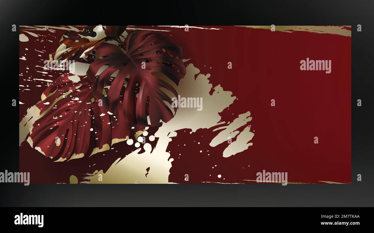 Tropical gold maroon monstera leaf, on dark red background vector ...