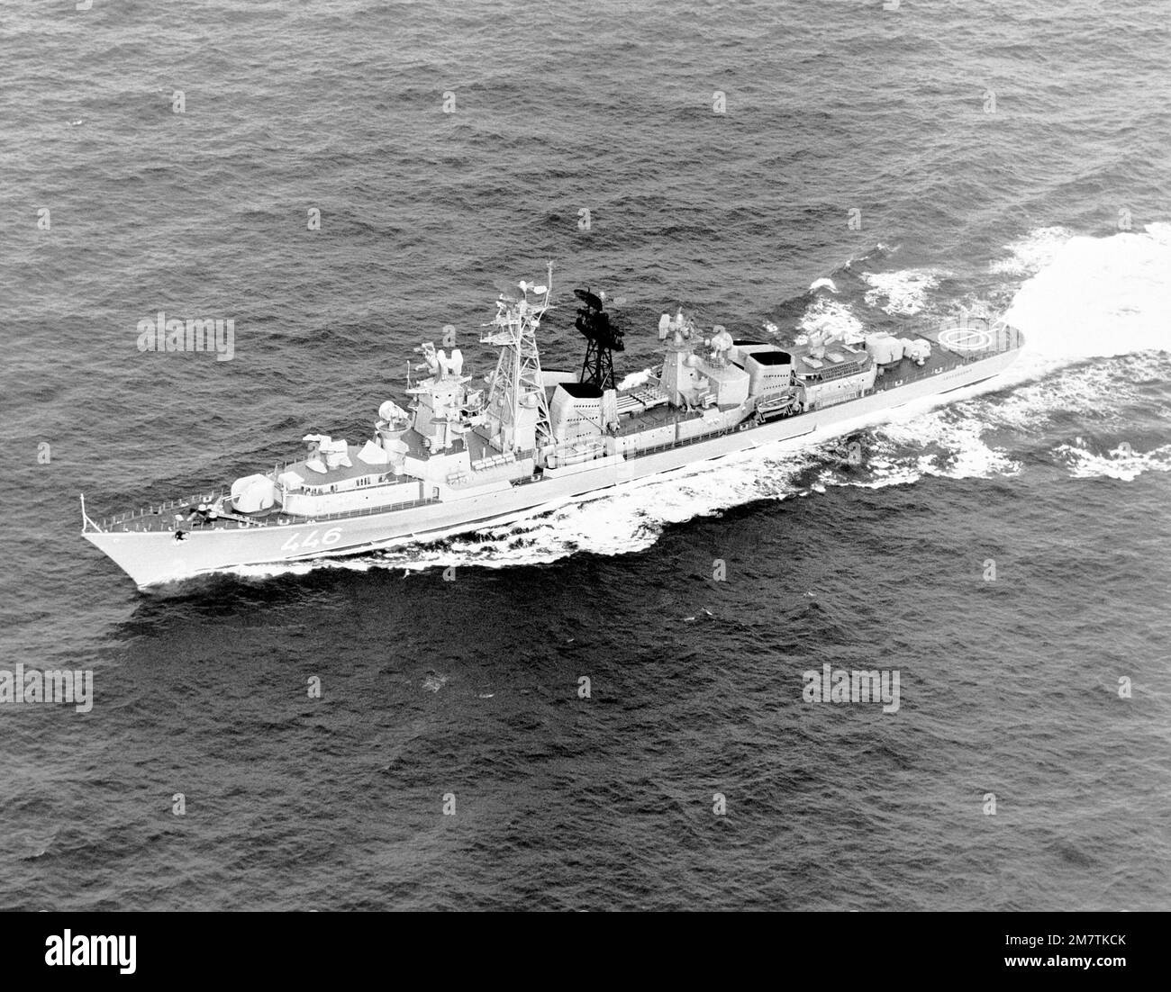 An aerial port bow view of the Soviet Kashin class guided missile ...