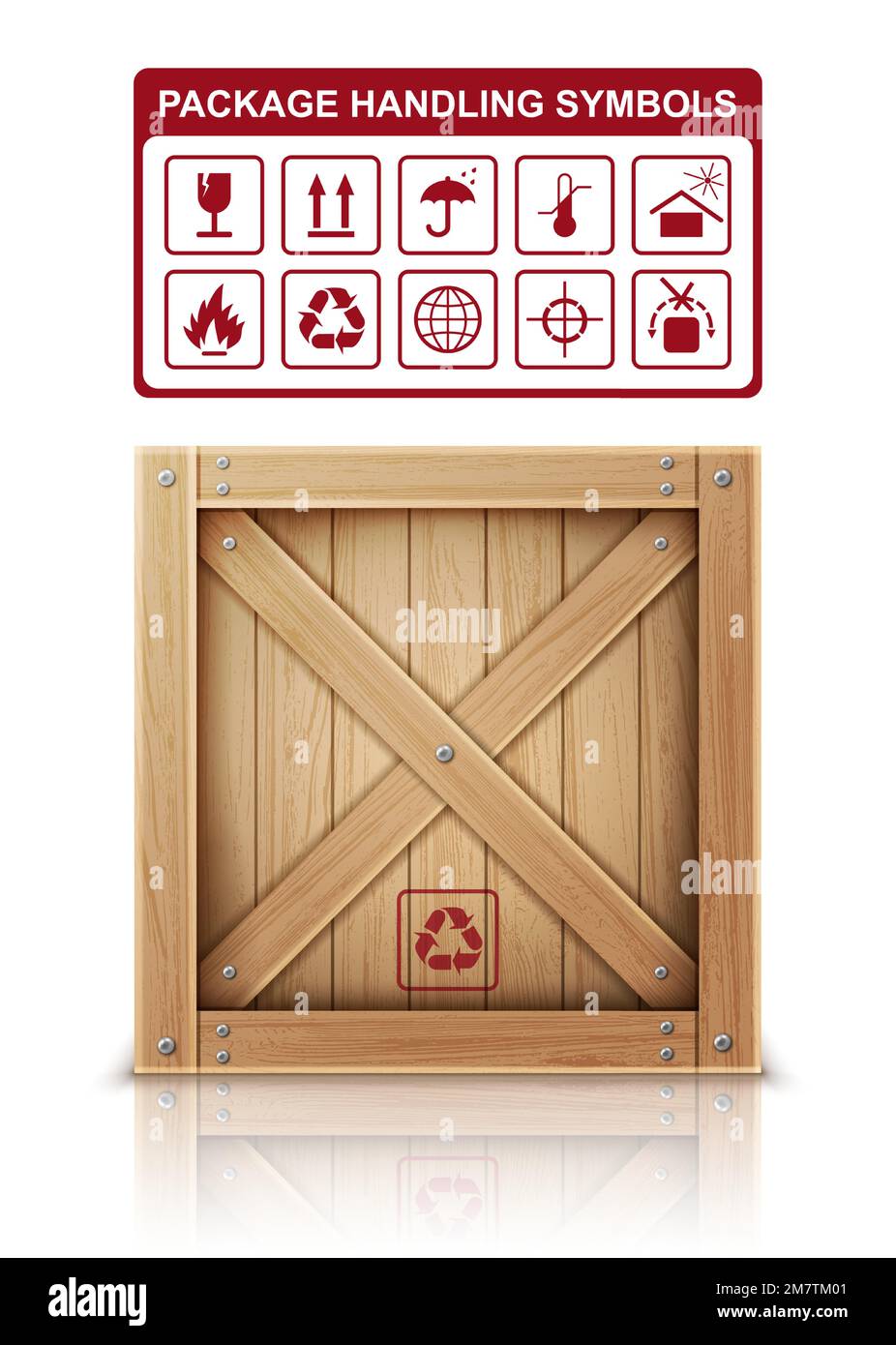 Wooden box and package handling symbols icons set realistic vector illustration. Wooden crate or ...