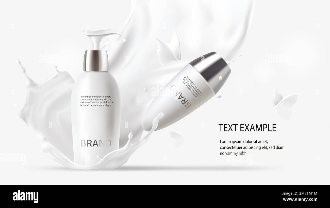 Milk cosmetics, realistic vector background with lotion and roll-on ...