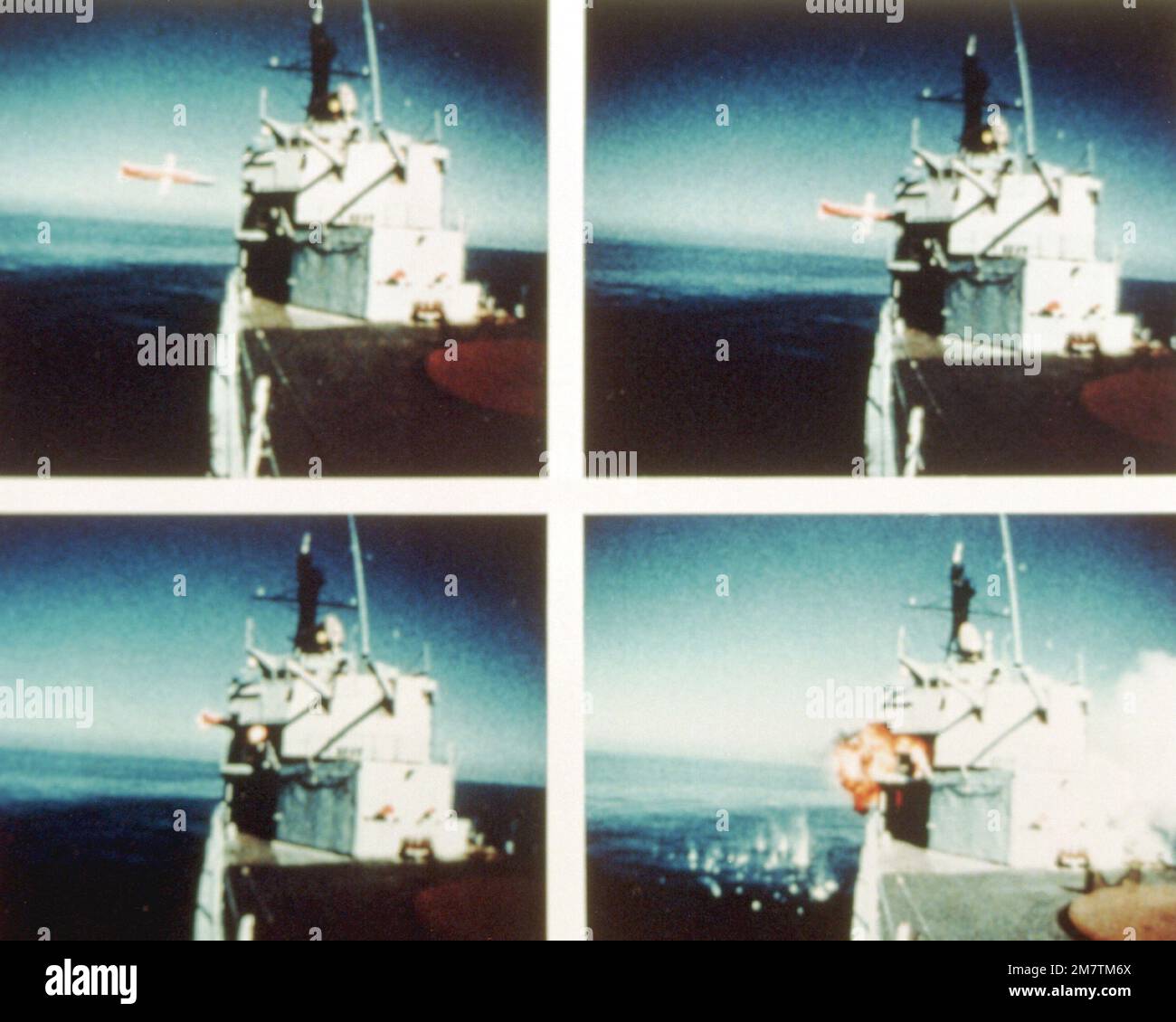 A U.S. Navy Tomahawk cruise missile lands a direct hit on a target ship ...