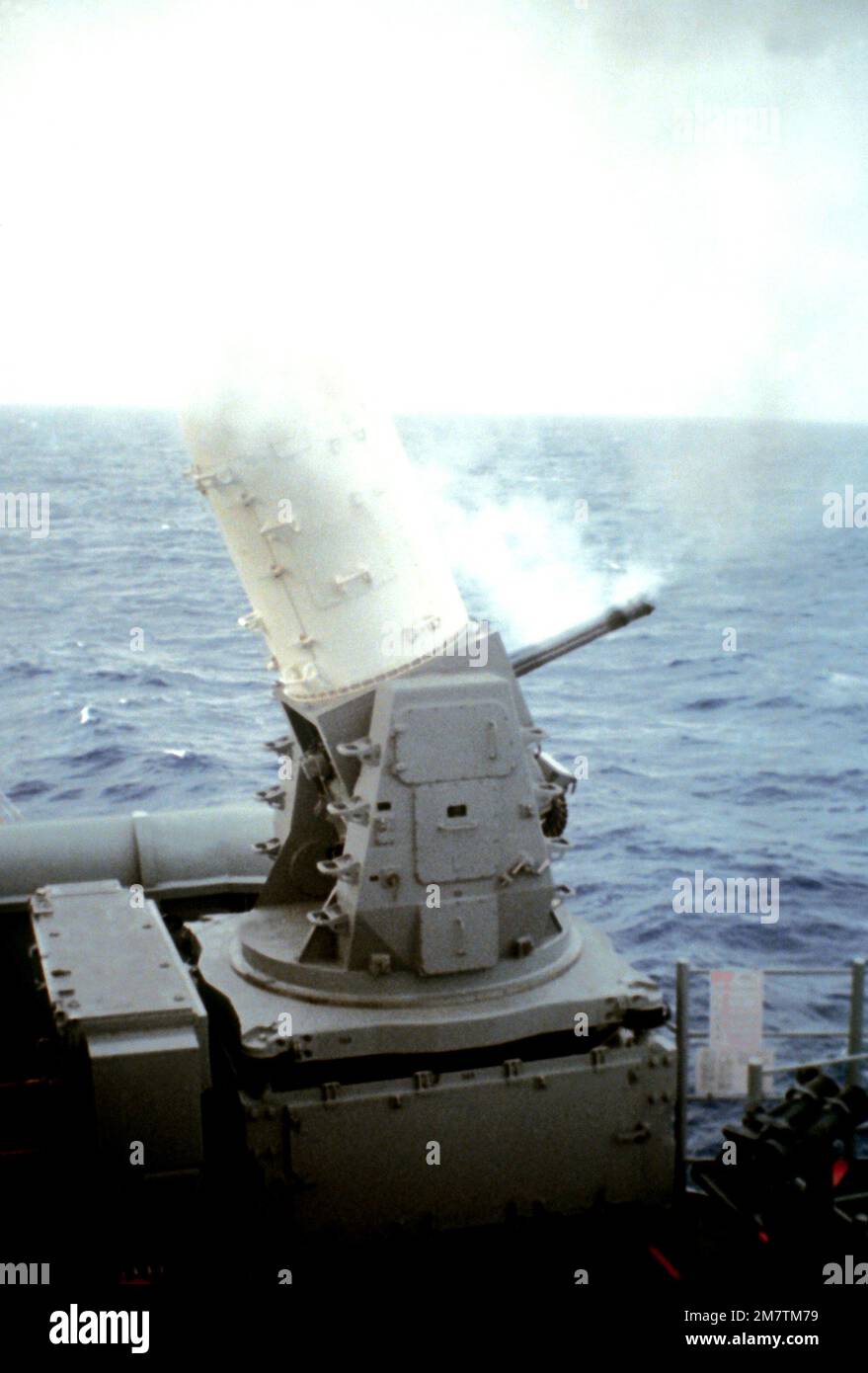 A Mark 15 Phalanx 20mm close-in weapon system (CIWS) is fired aboard ...