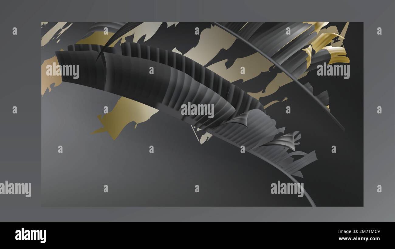 Tropical black gold leaves on dark background vector. Beautiful ...
