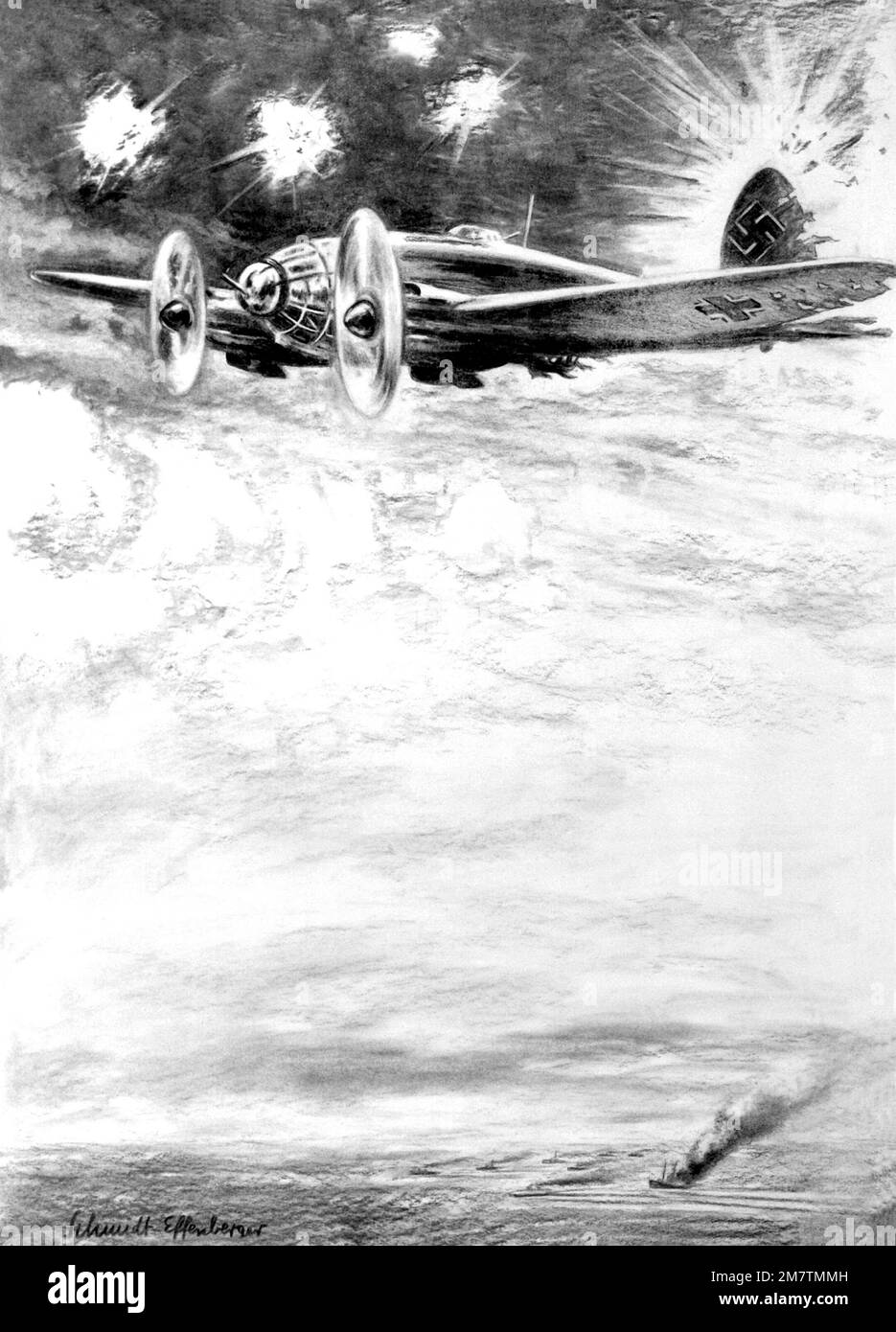 Artwork: "Light German Bomber Hit by Flak" Artist: Schmidt-Effenberger ...