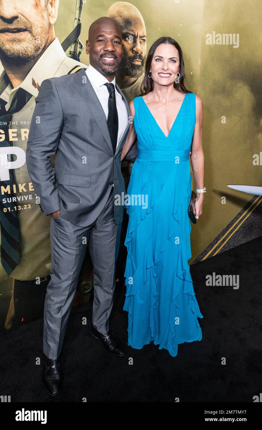 Remi Adeleke and Tara Westwood attend the "Plane" New York premiere at AMC Lincoln Square ...
