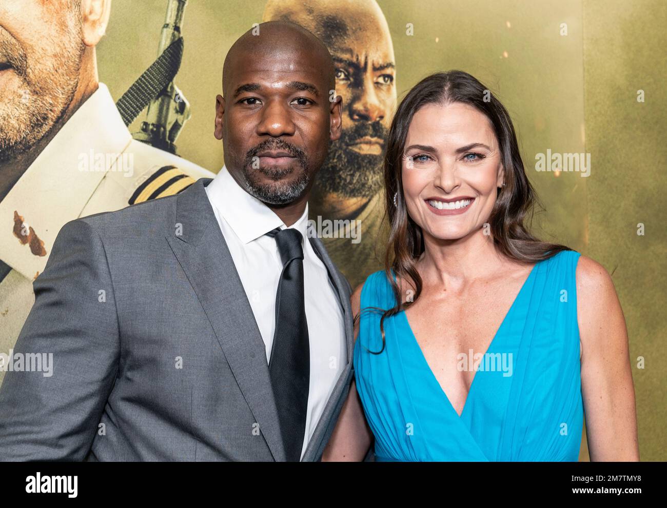 Remi Adeleke and Tara Westwood attend the "Plane" New York premiere at AMC Lincoln Square ...