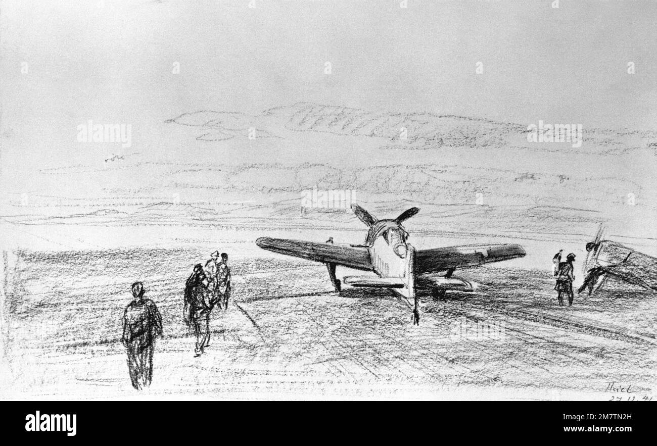 Artwork: "Planes on the Runway of a French Airfield" Artist: J. Thiel ...