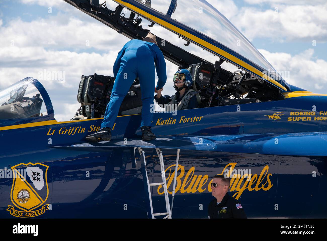 U.S. Navy Lt. Griffin Stangel, Blue Angels pilot and narrator, shakes ...