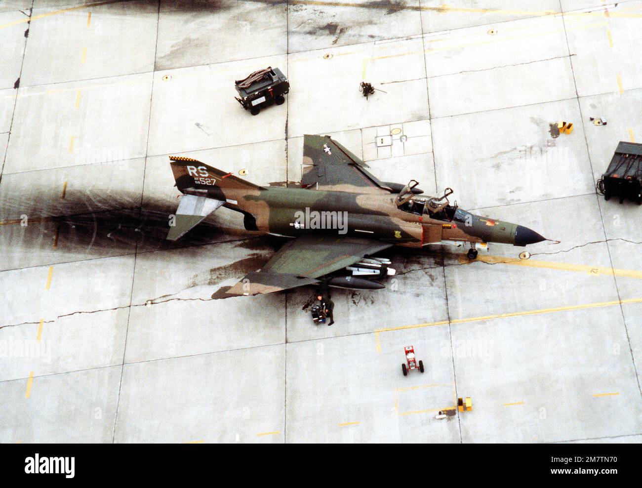 A High Angle Right Side View Of An F 4 Phantom Ii Aircraft On The Ground The Aircraft Is Loaded