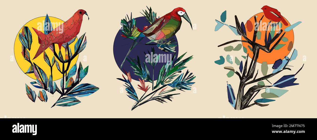 Bird on tree branch with leaves, flowers and large circle on light ...