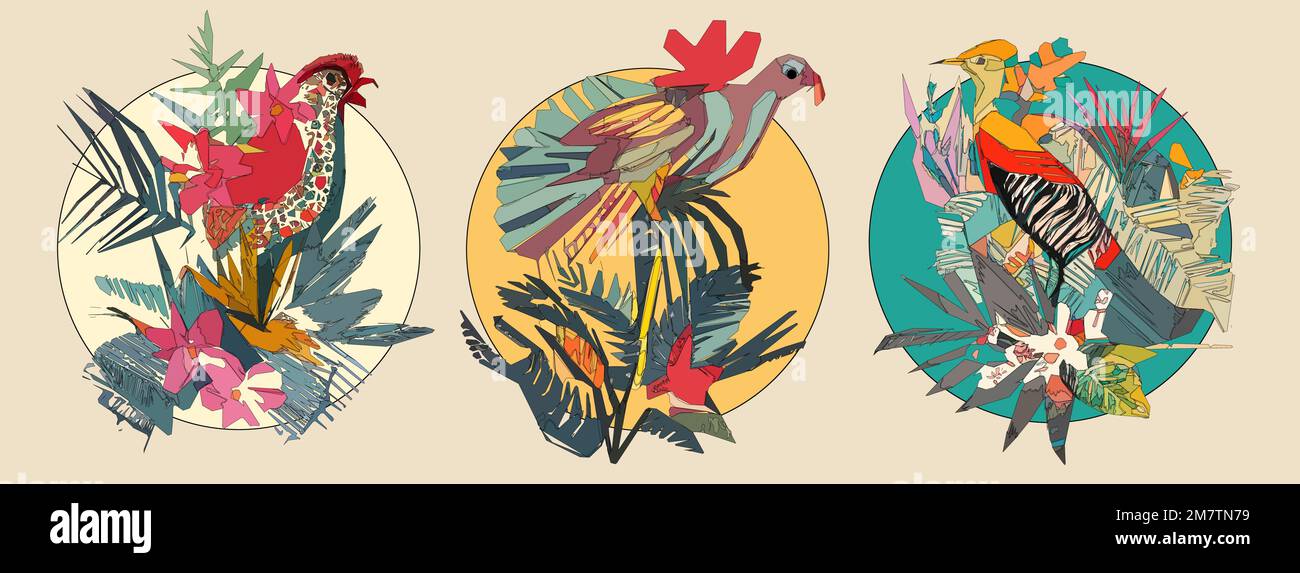 Bird on tree branch with leaves, flowers and large circle on light ...