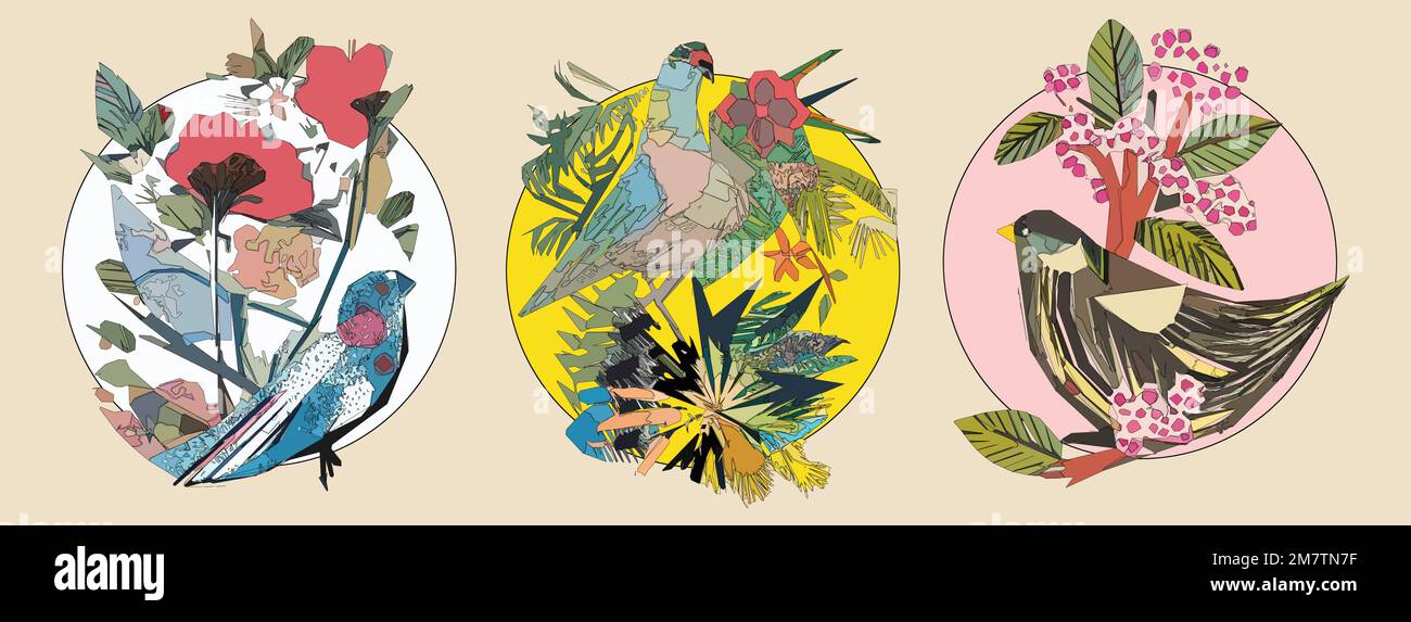 Bird on tree branch with leaves, flowers and large circle on light ...