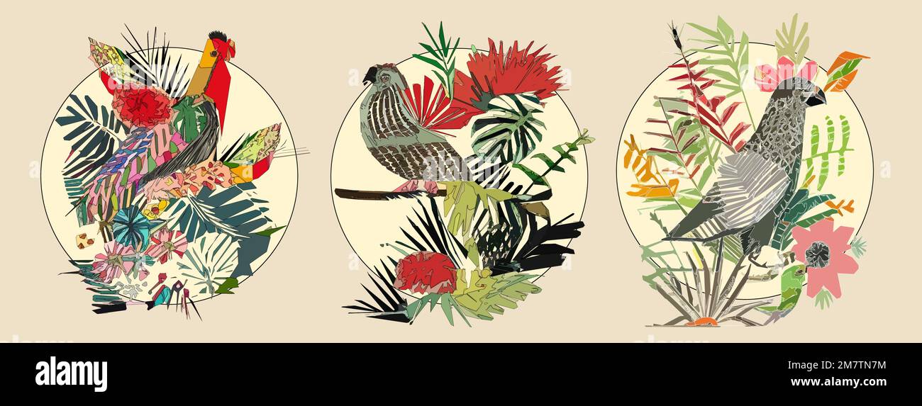 Bird on tree branch with leaves, flowers and large circle on light ...