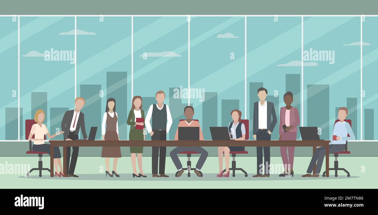Office workers sitting at large table with laptops. Teamwork. Vector ... Office workers sitting at large table with laptops. Teamwork. Vector ...