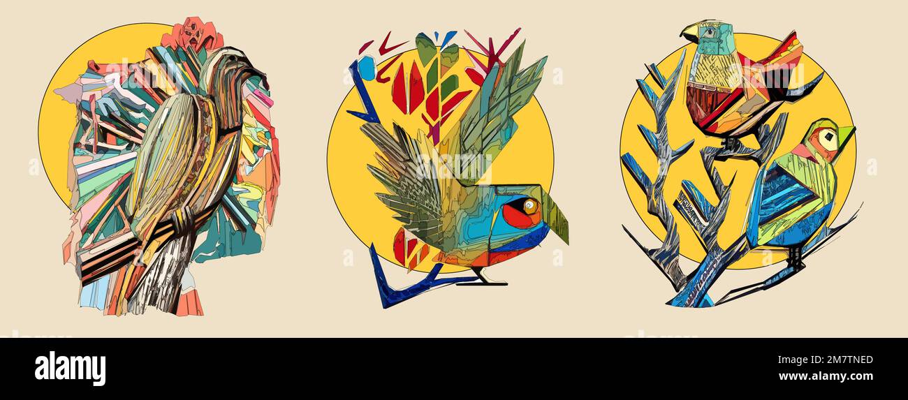 Bird on tree branch with leaves, flowers and large circle on light ...