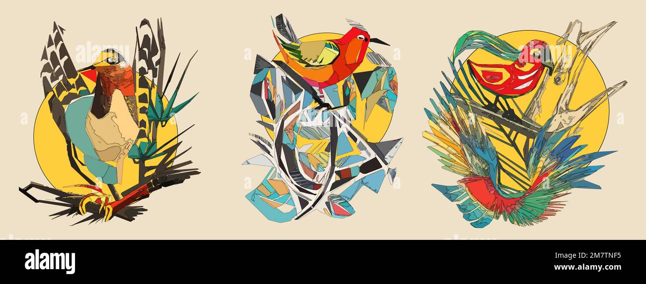 Bird on tree branch with leaves, flowers and large circle on light ...