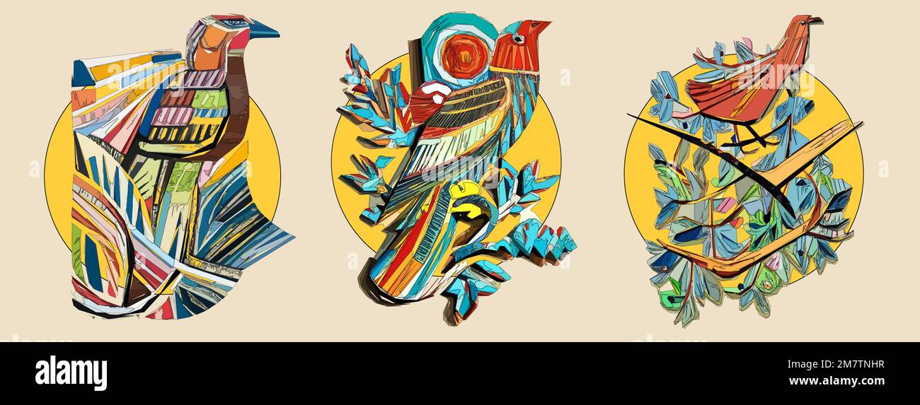 Bird on tree branch with leaves, flowers and large circle on light ...