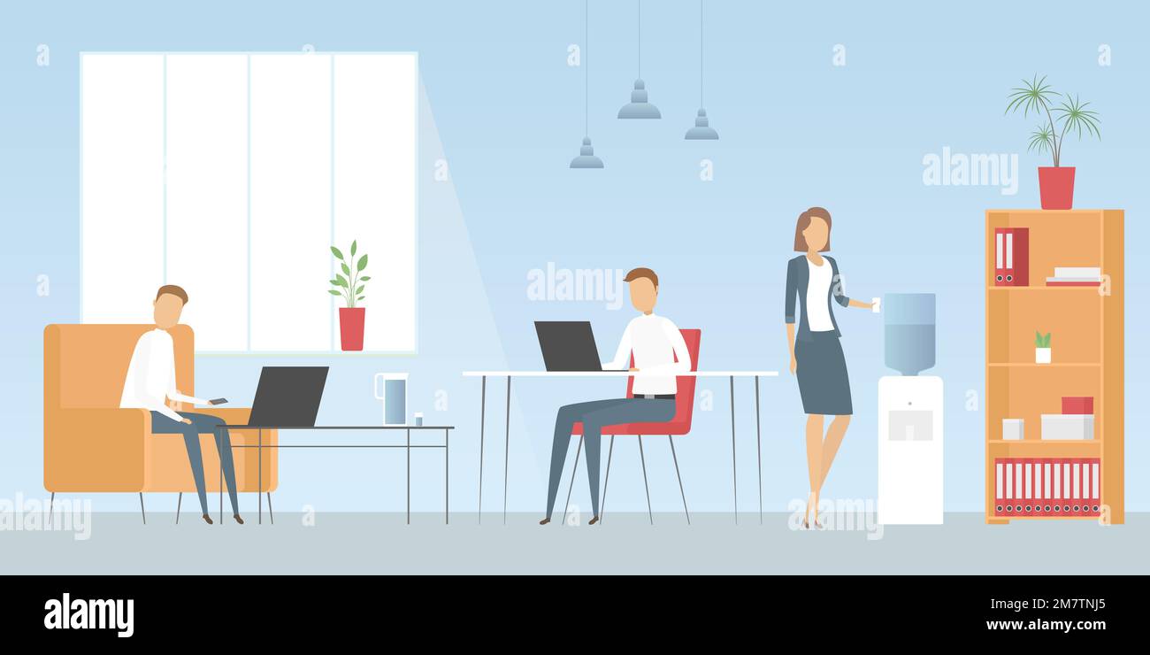 Clerks working on laptops. Office routine. Vector illustration Stock ...