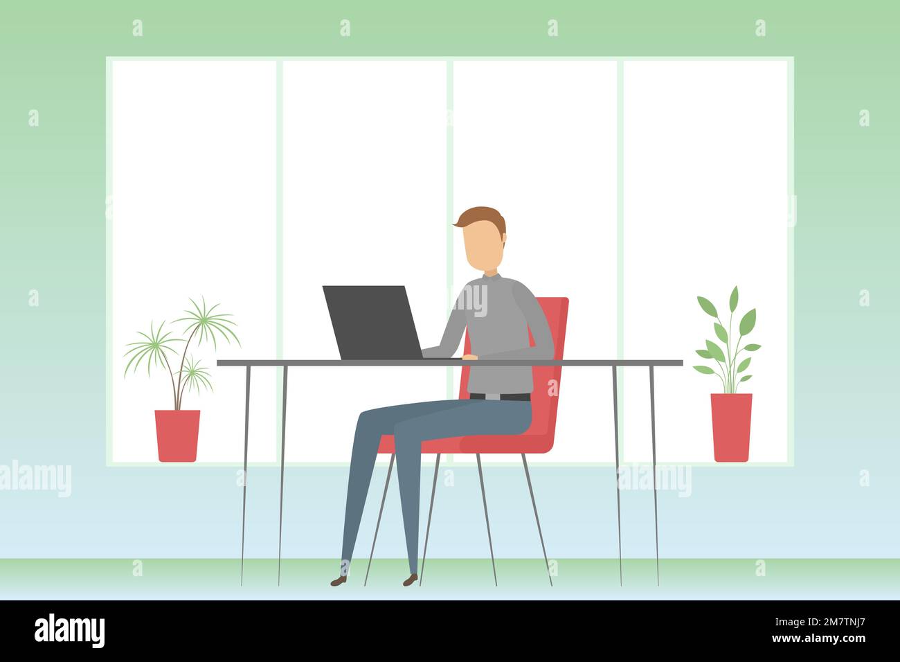 Man sitting at table and working on laptop. Vector illustration Stock ...