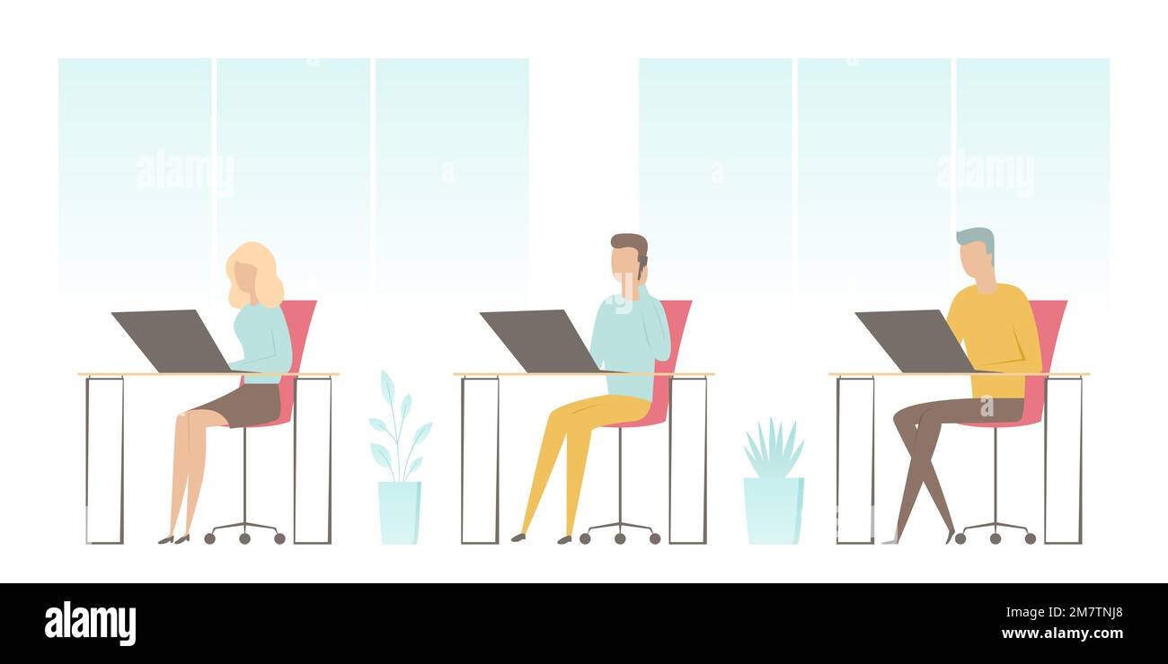 Team working on laptops in office. Vector illustration Stock Vector ...