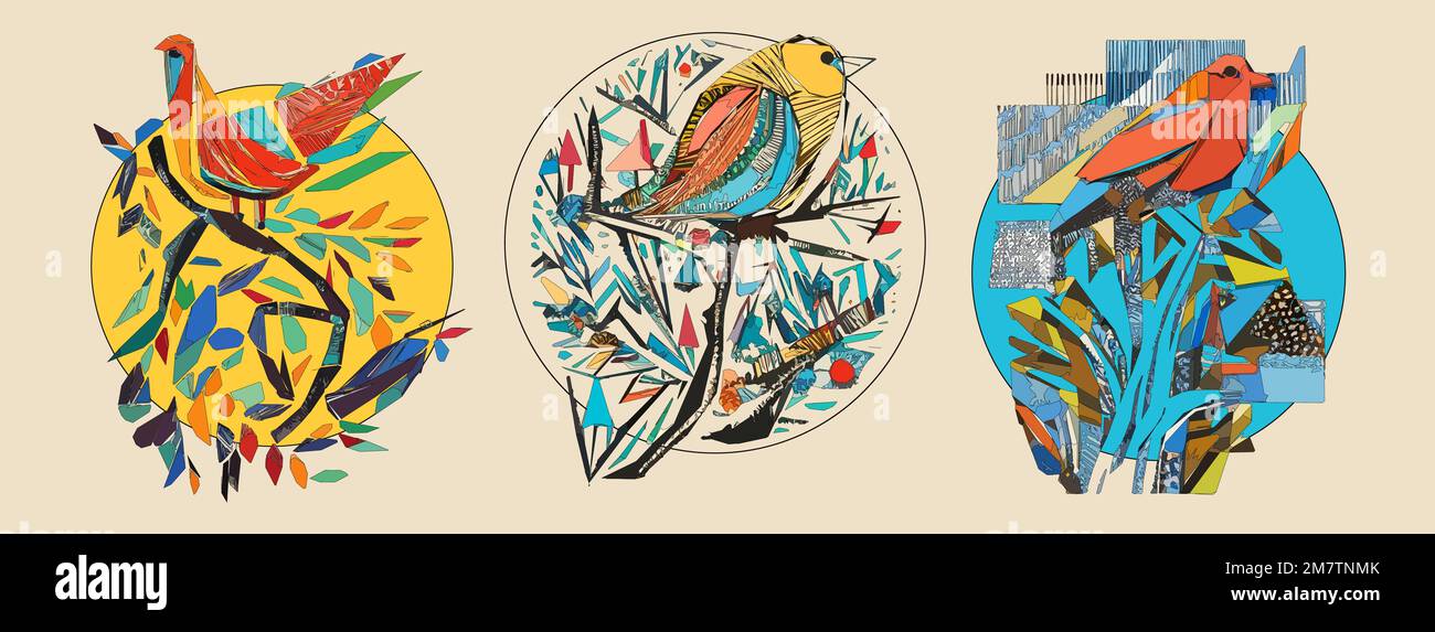 Bird on tree branch with leaves, flowers and large circle on light ...