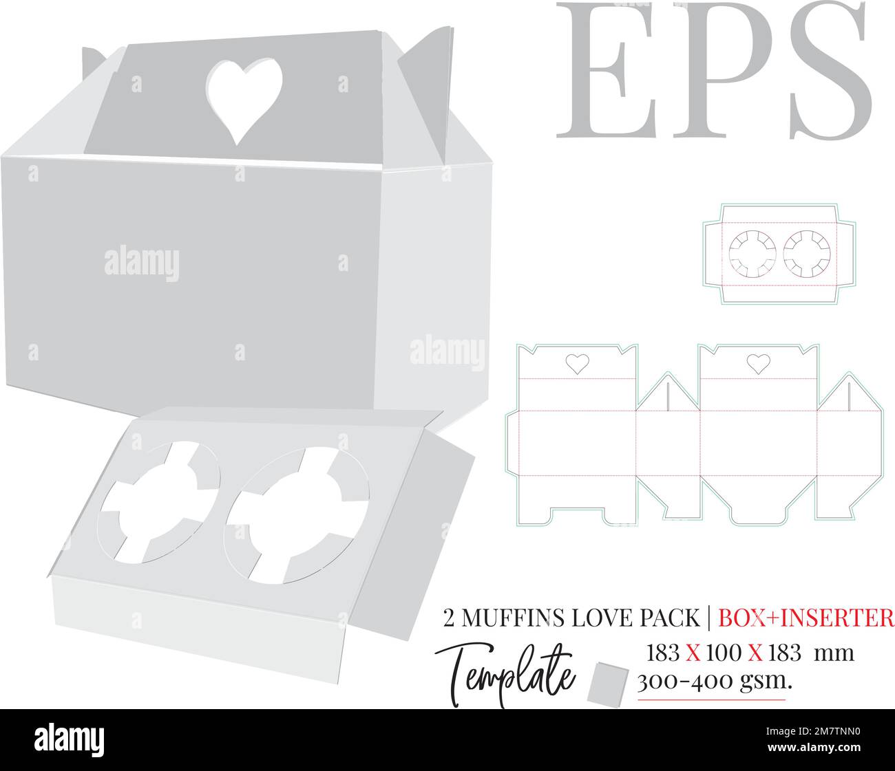Muffin box die cut template with inserter and heart handle, vector ...