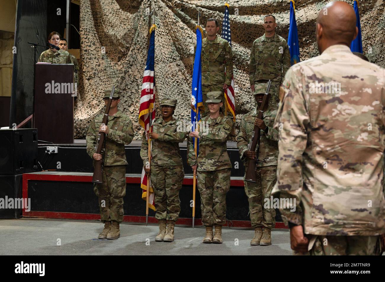 The 332d Air Expeditionary Wing Honor Guard presents the colors during ...