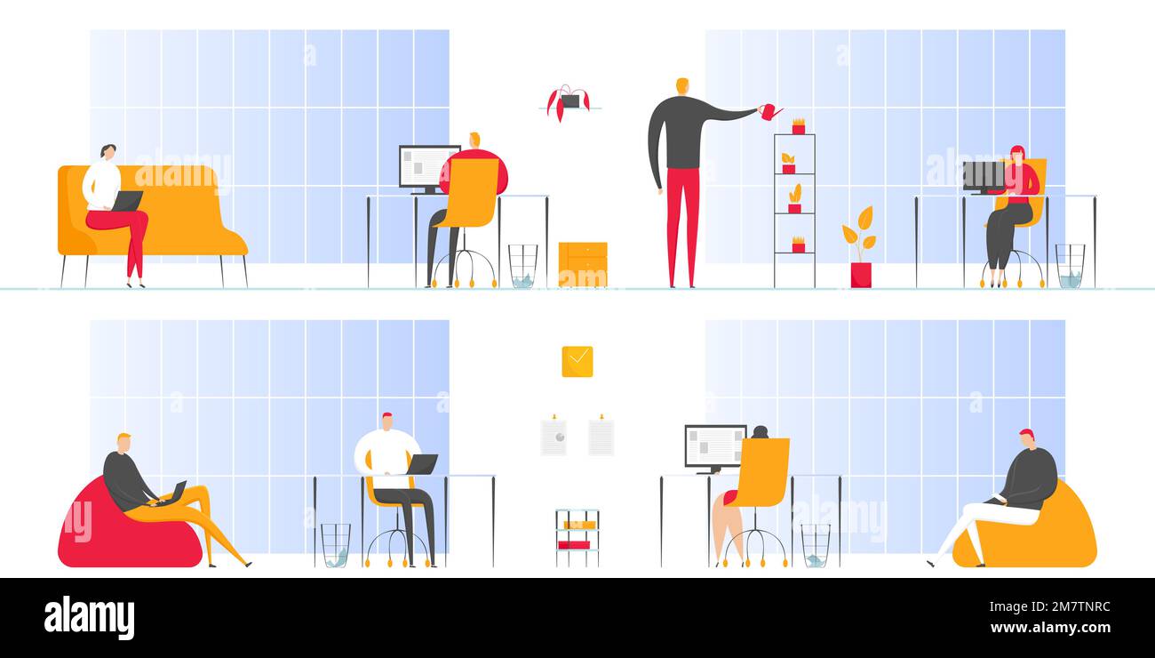 Employees working in two-level office. Vector illustration Stock Vector ...