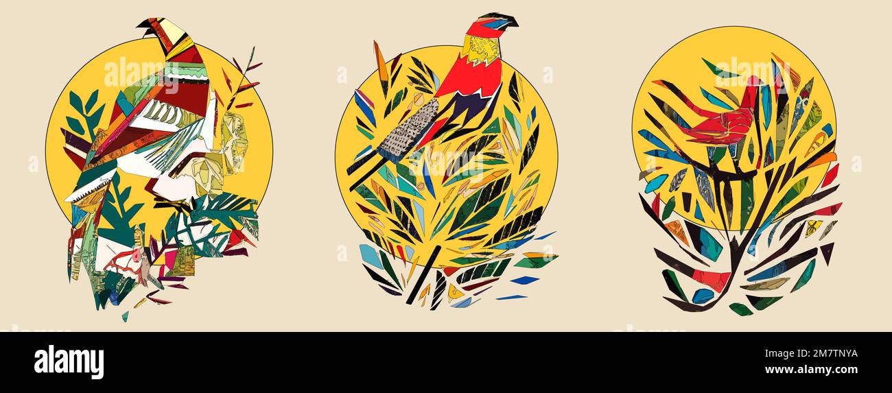 Bird on tree branch with leaves, flowers and large circle on light ...