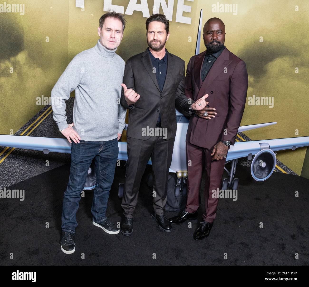 Jean-Francois Richet, Gerard Butler and Mike Colter attend the "Plane ...