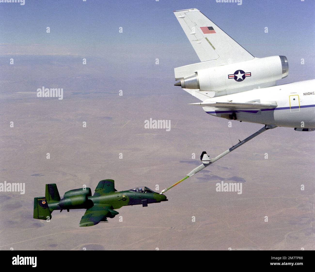 An overhead right side view of an A-10A Thunderbolt aircraft undergoing ...