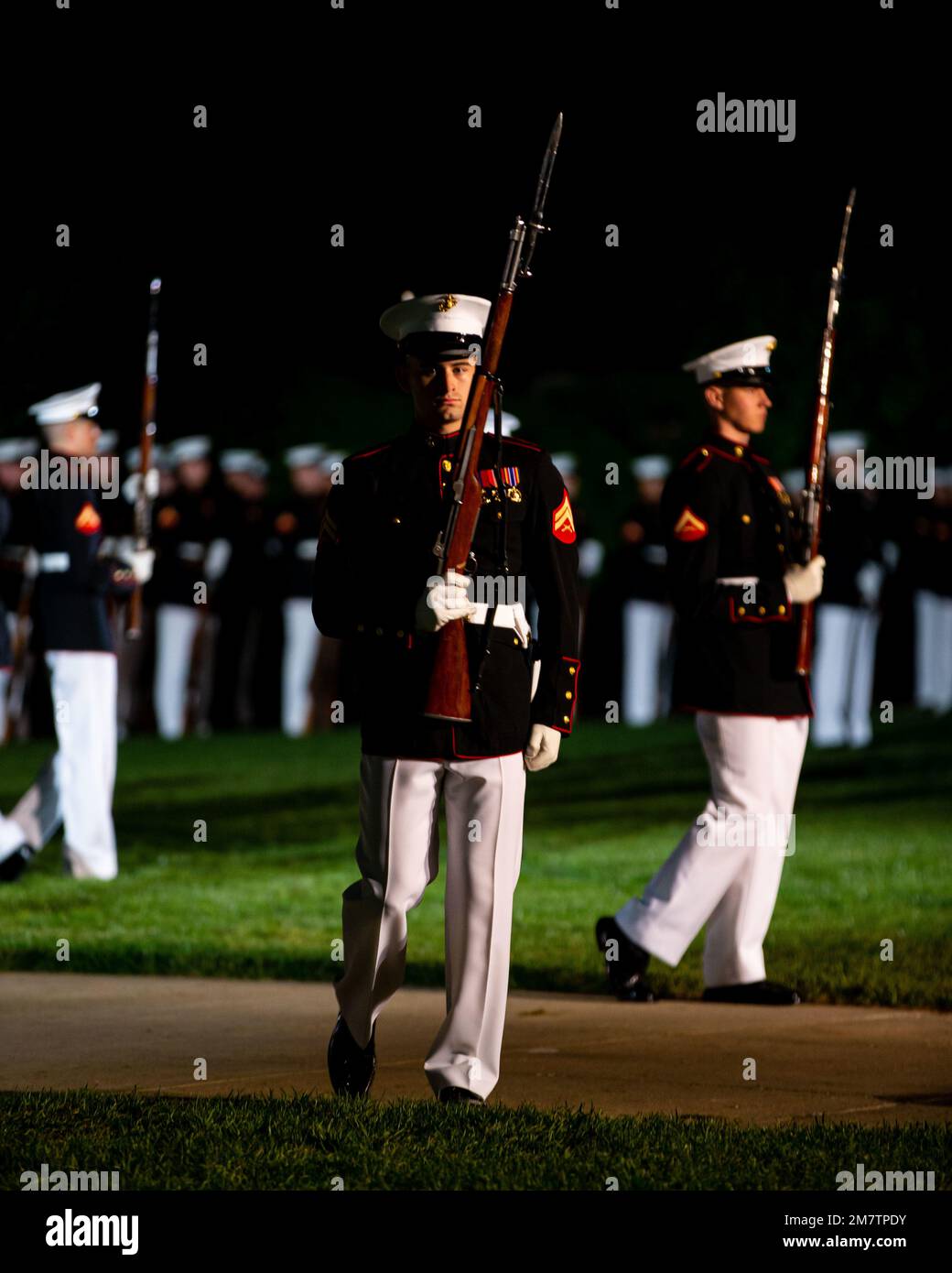Corporal Ty A. Blair, rifleman, Silent Drill Platoon, performs during a ...