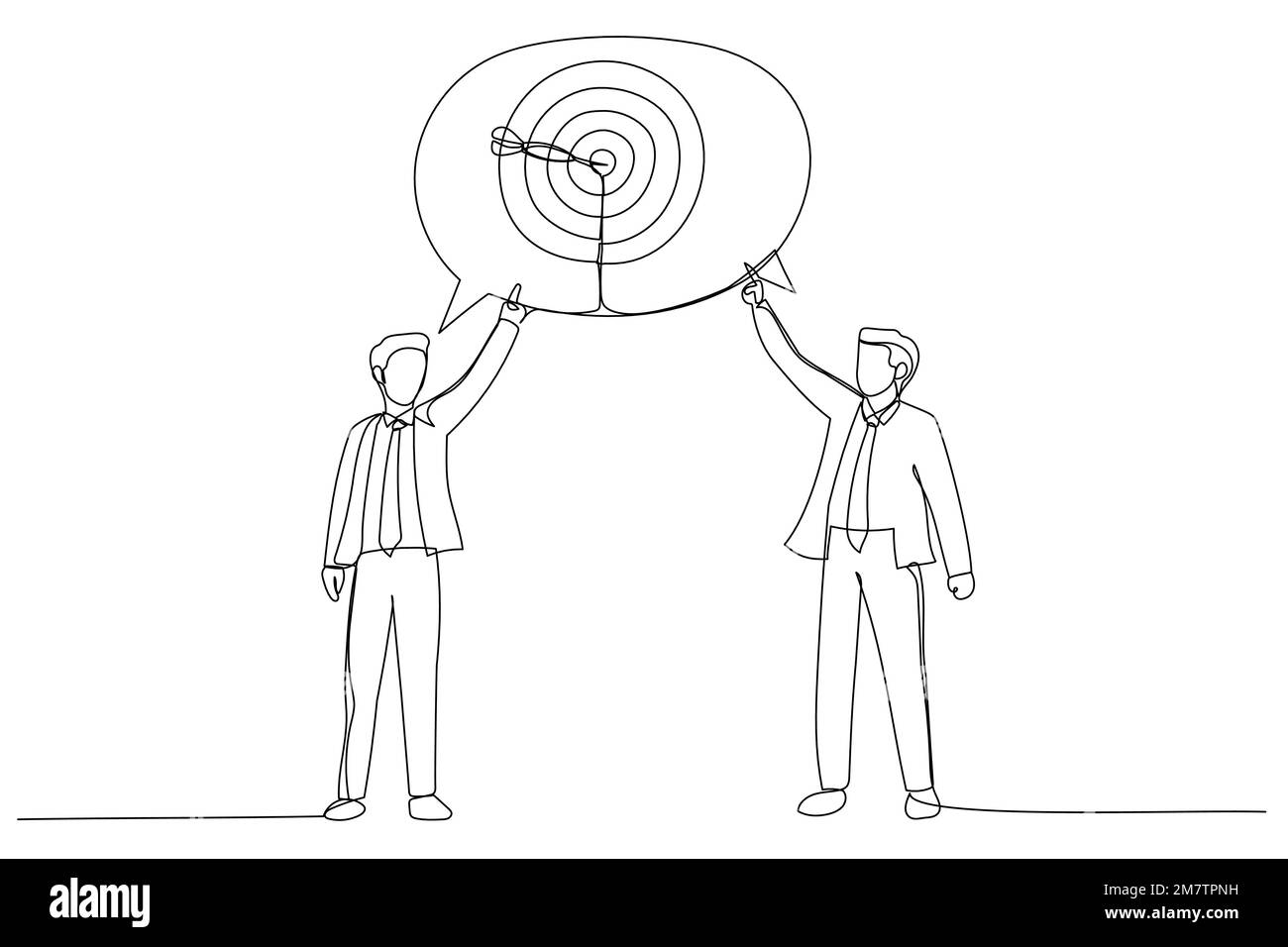 Drawing of two businessman talking about target. Single line art style ...