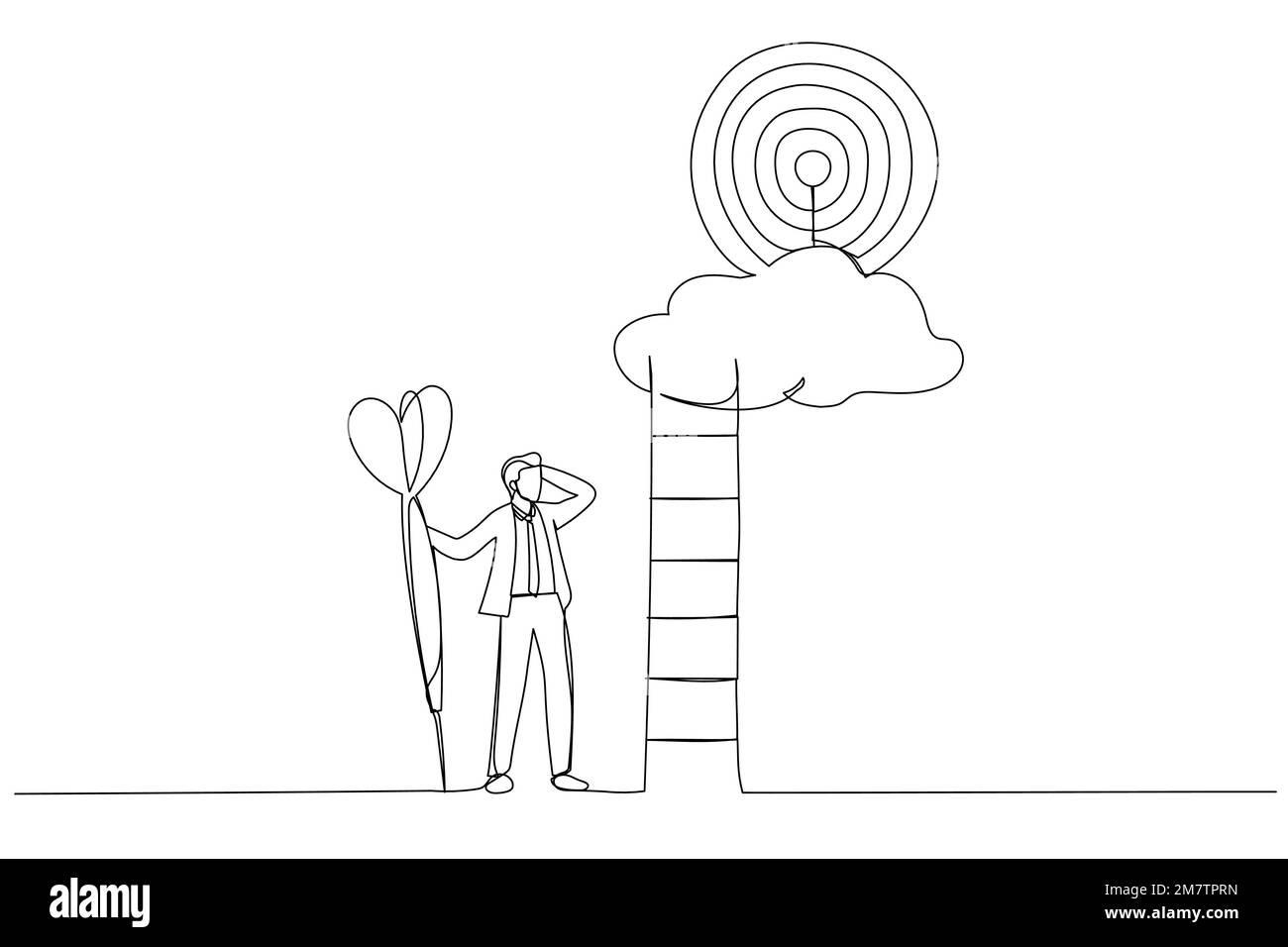 Drawing of ambitious businessman hold dart aim high at target on the ...