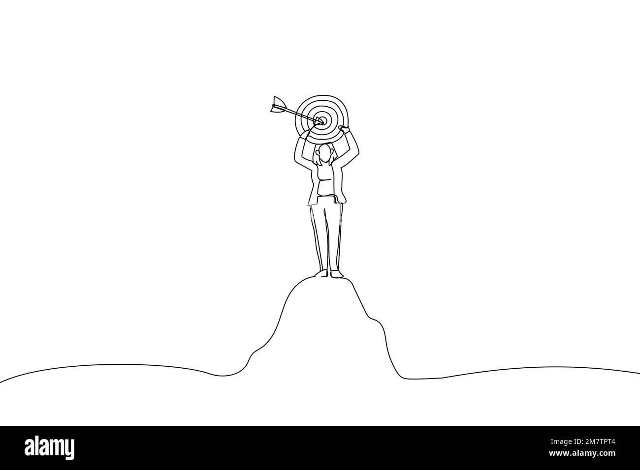 Cartoon of businesswoman holding a target board on top of mountain ...